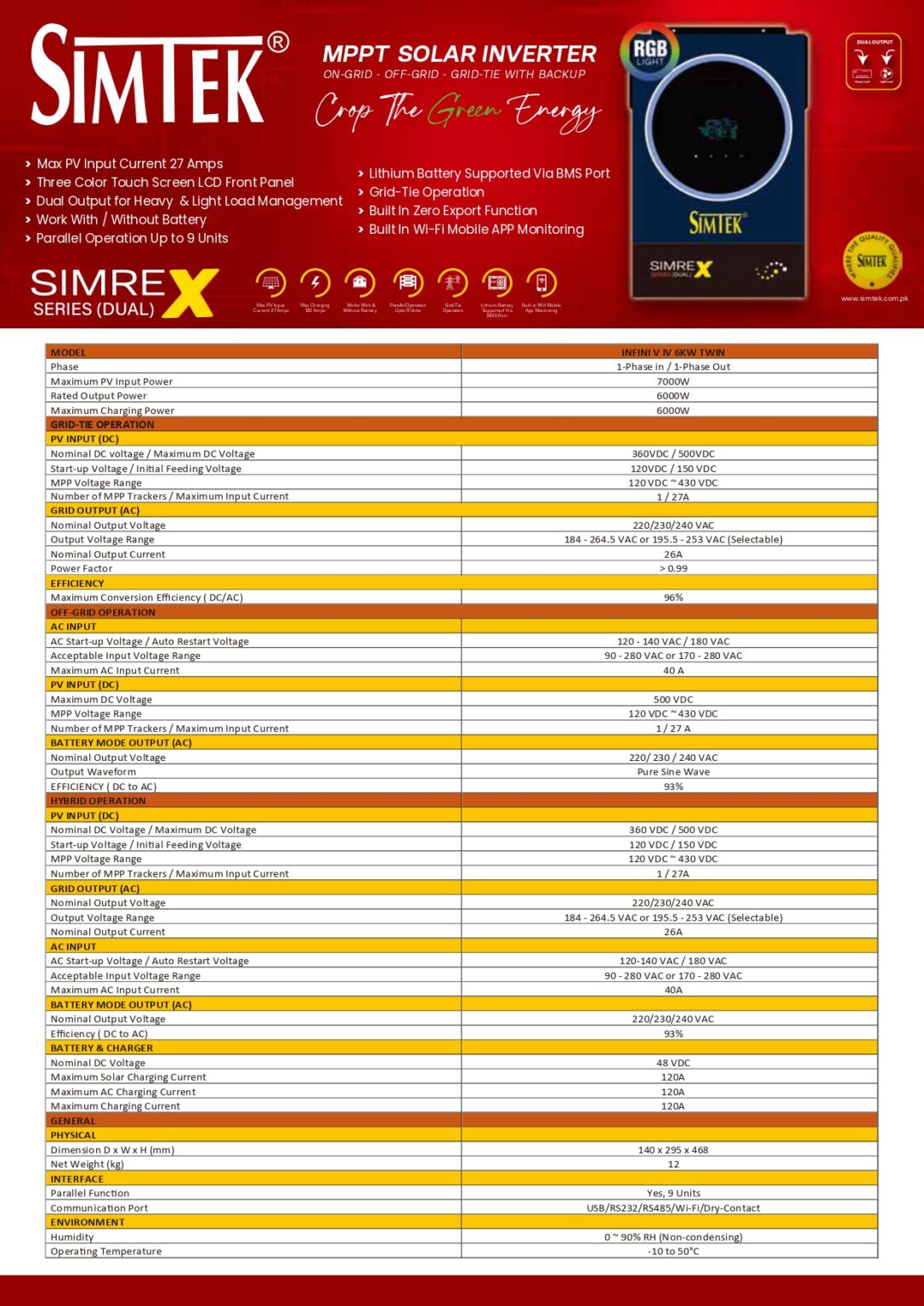 Simtek SIMREX (DUAL) 6KW-48V Hybrid Solar Inverter – Simtek Power Services